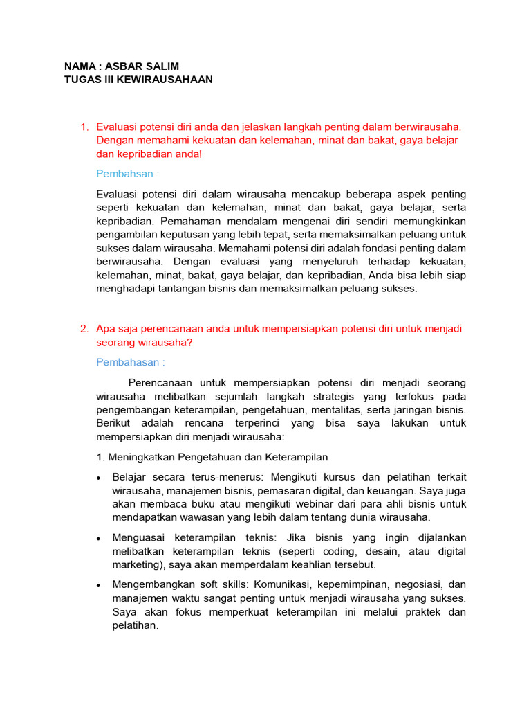 Persiapan Wirausaha Berdasarkan Potensi Diri | PDF
