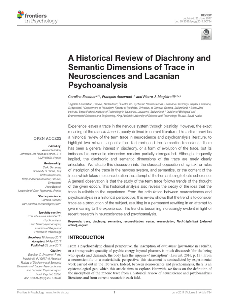 Dimensions of Trace in Neurosciences and Lacanian Psychoanalysis | PDF ...