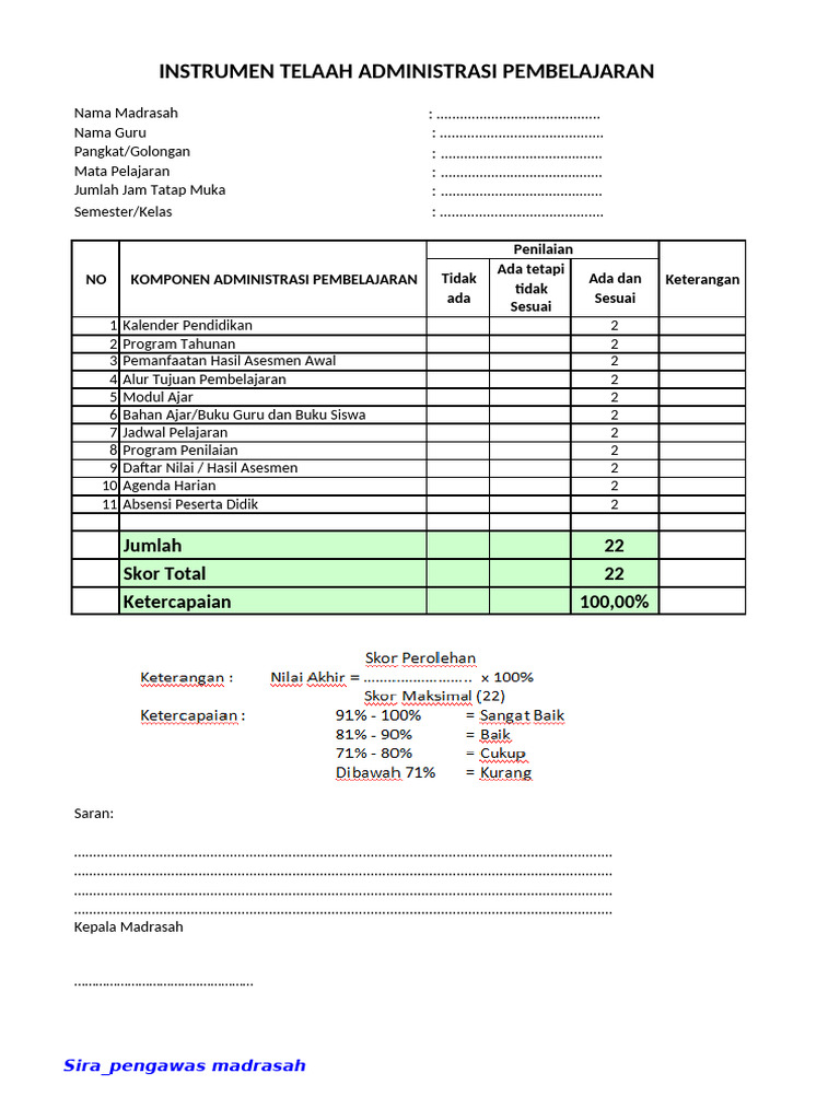 Instrumen Supervisi Akademik-Kurmer | PDF