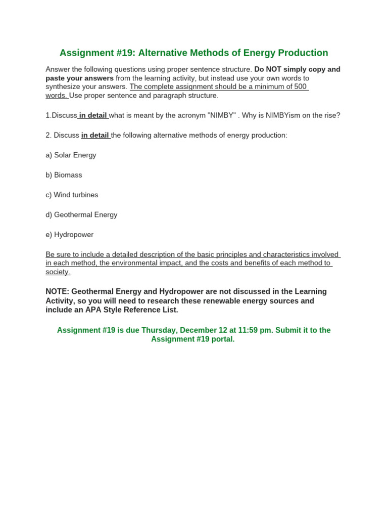 SVN 3M Assignment #19 Alternate Methods of Energy Production | PDF