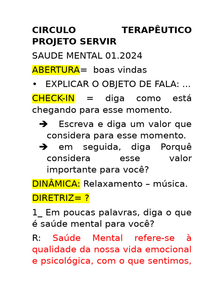 Circulo Terapêutico Projeto Servir | PDF