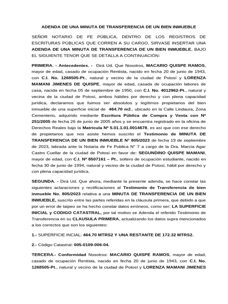MINUTA DE ADENDA SEGUNDINO QUISPE MAMANI | PDF