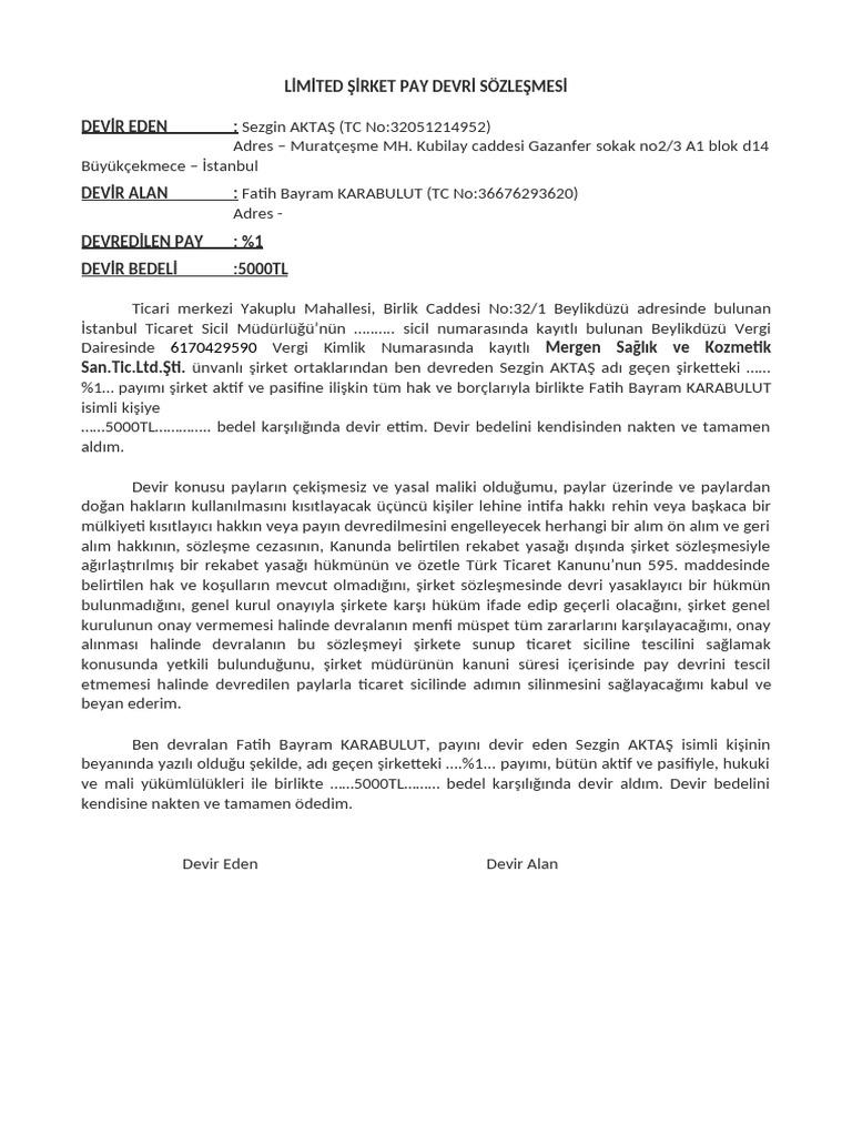 Limited Şirket Hisse Devri Sözleşmesi | PDF