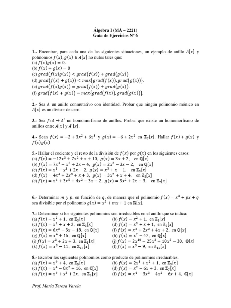 Guía de Ejercicios de Álgebra I | PDF | División (Matemáticas) | Anillo ...