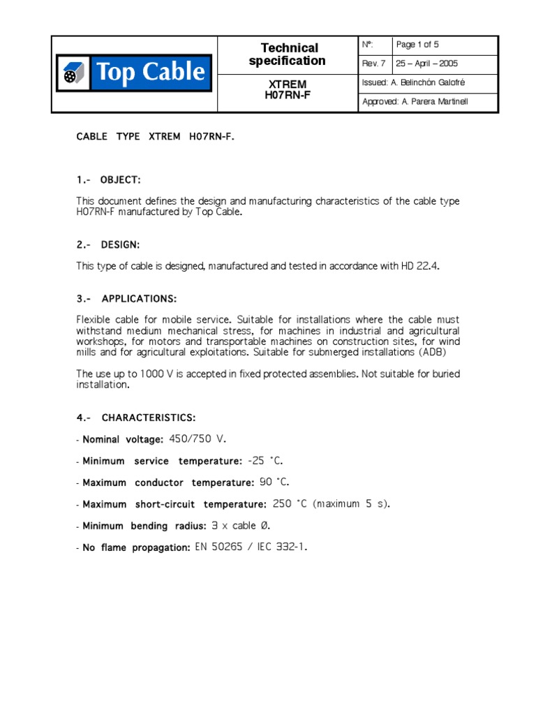 Top Cable - H07RN-F Spec | Download Free PDF | Cable | Electromagnetism