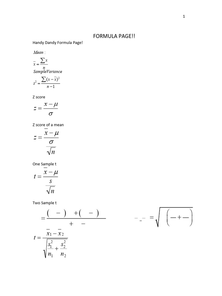 Formula Page | PDF | Statistical Analysis | Teaching Mathematics