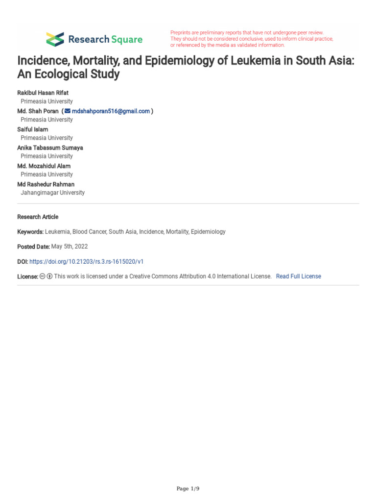Incidence, Mortality, and Epidemiology of Leukemia in South Asia: An ...