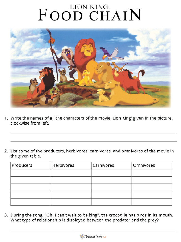 Lion King Food Chain Worksheet With Answers | PDF