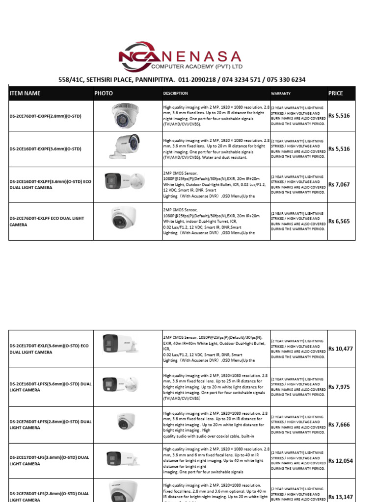 Hikvision CCTV Camera Price List 2024 | PDF | Camera Lens | Camera