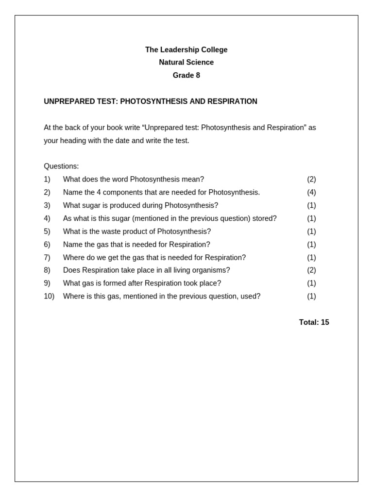 Grade 8 Test: Photosynthesis & Respiration | PDF