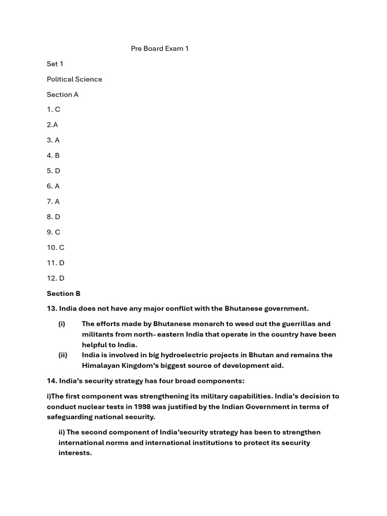 Political Science Pre Board Exam Answers | PDF | Partition Of India ...
