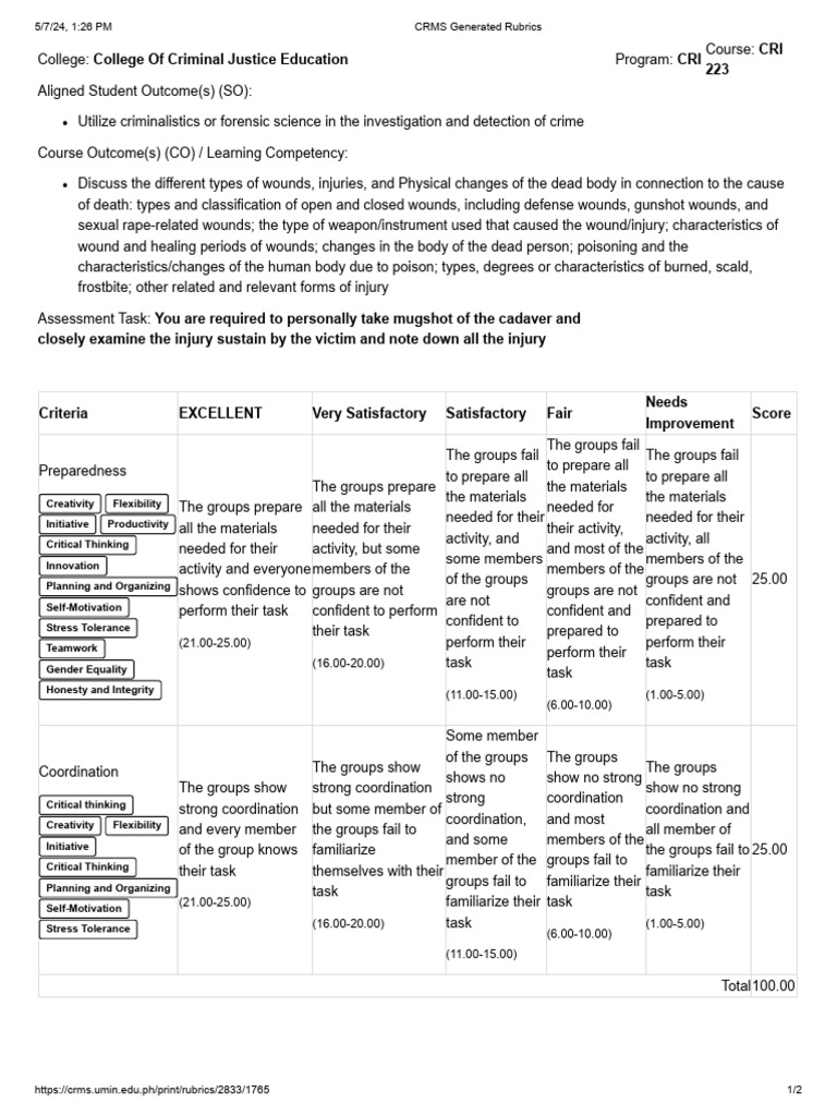 Crime Scene Simulation Rubrics | PDF | Forensic Science | Wound