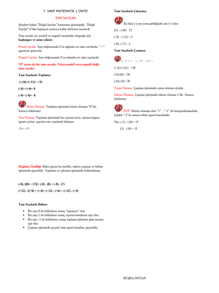 7.sinif Matematik 1.unite Ders Notu | PDF