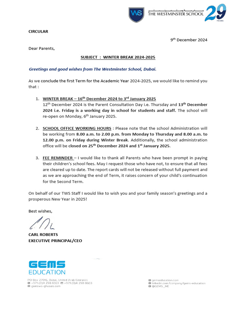 Circular To Parents - Winter Break 2024-2025 | PDF