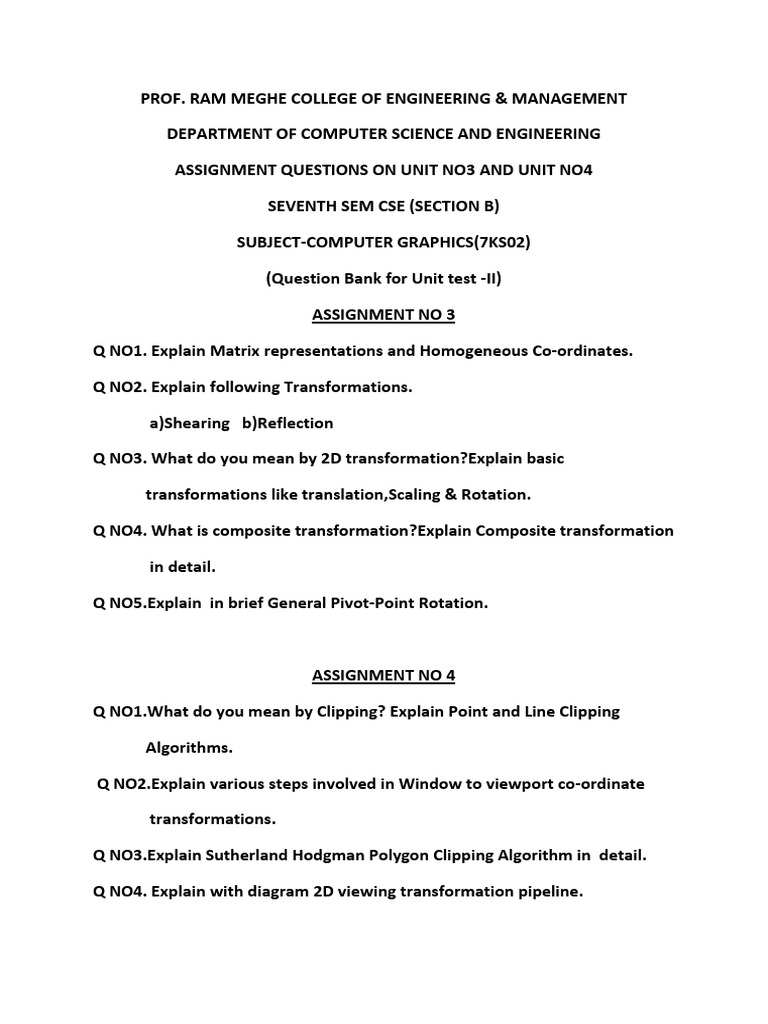 Computer Graphics Assignment Questions | PDF