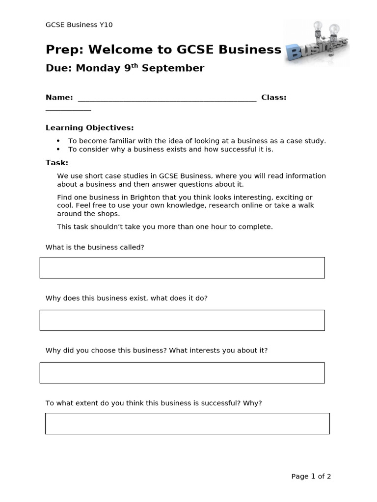 GCSE Business Y10 Case Study Task | PDF