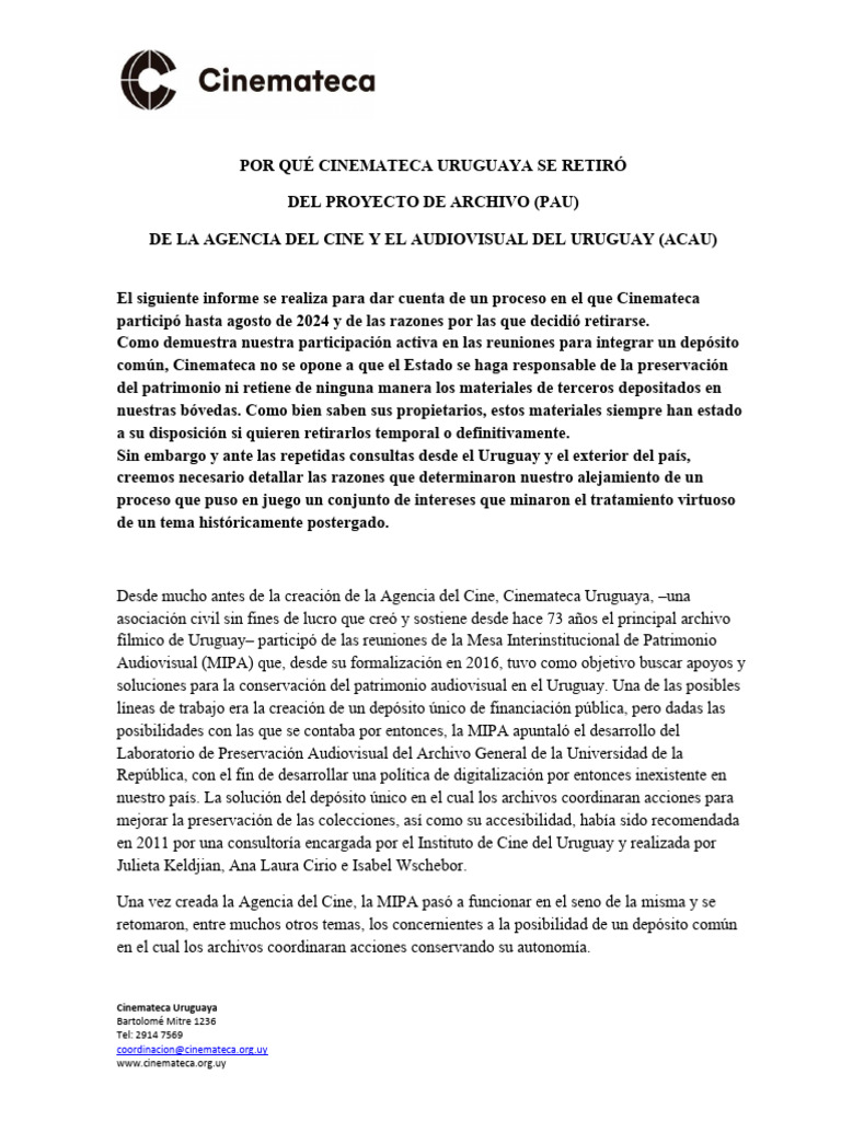 Informe de Cinemateca Uruguaya Sobre Archivo de La ACAU | PDF | Uruguay ...