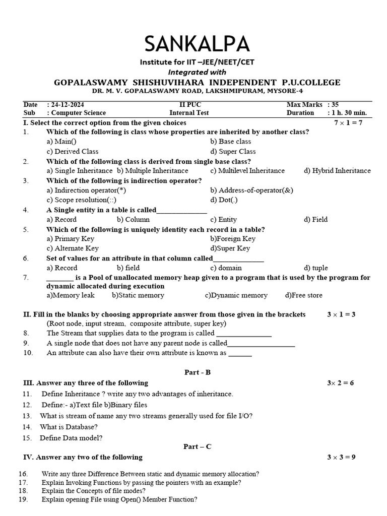 2nd Puc CS Question Paper1 | PDF | Databases | Inheritance (Object Oriented Programming)