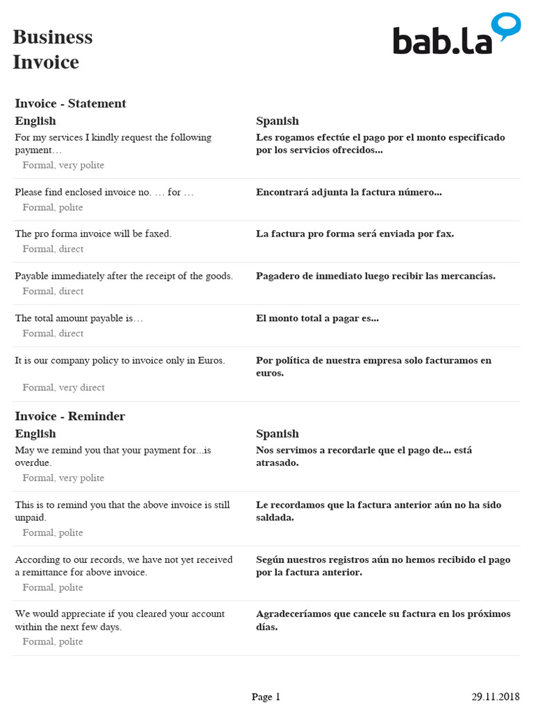 Bab - La Phrases Invoice English Spanish | PDF | Accounting | Business ...
