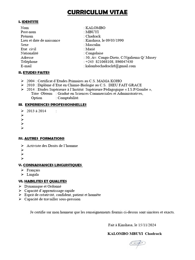 CV de Chadrack Kalombo Mbuyi | PDF
