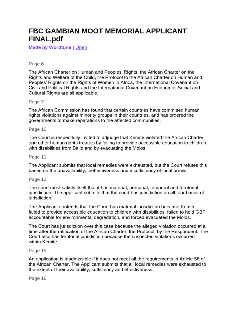 FBC GAMBIAN MOOT MEMORIAL APPLICANT FINAL - PDF-WT - Summaries | PDF | Treaty | Human Rights