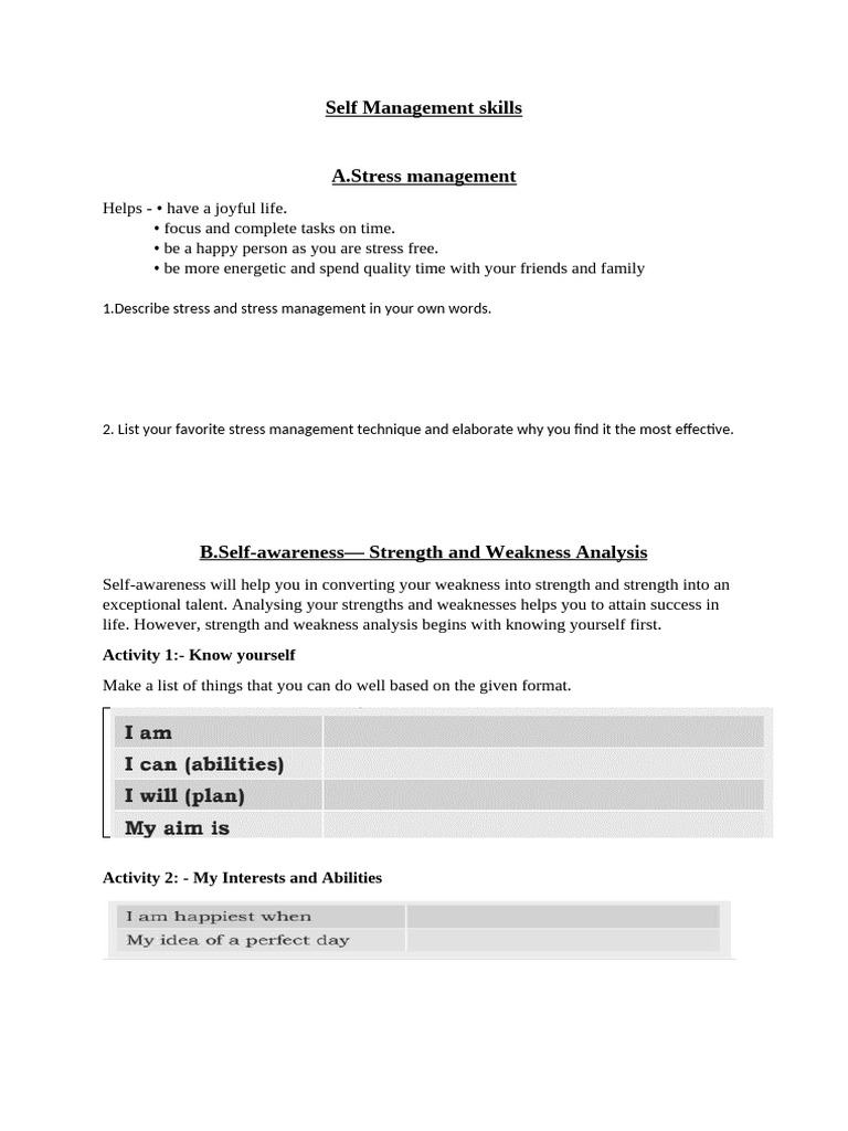Self Management Skills-Worksheet | PDF | Goal Setting | Goal
