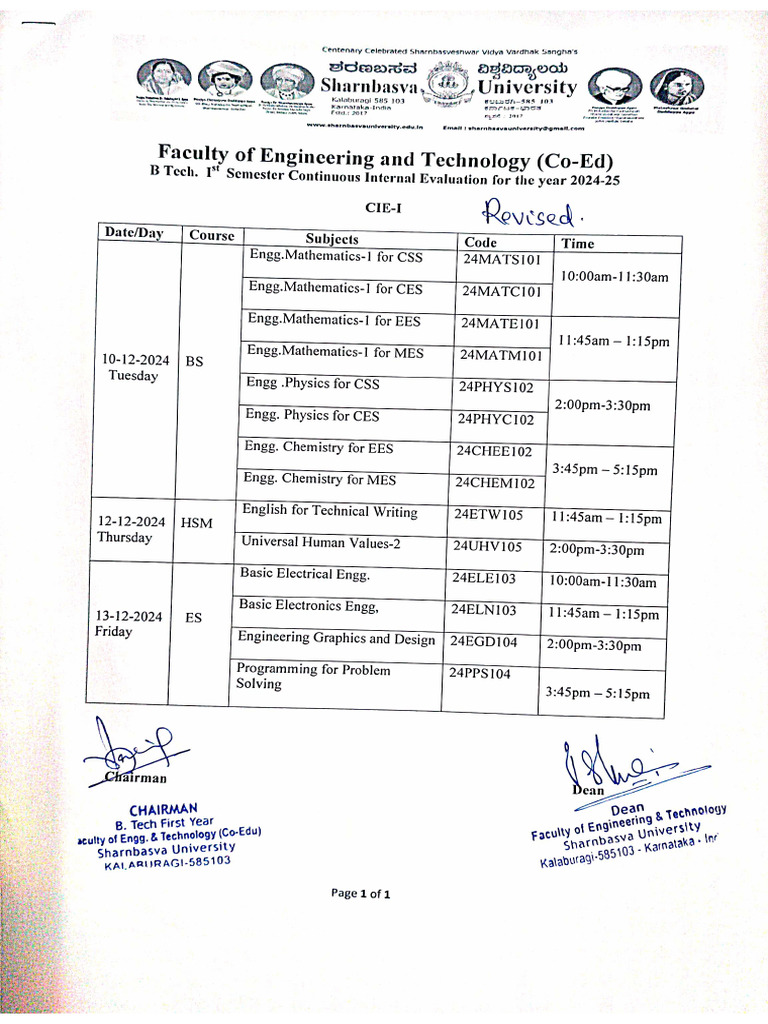 REVISED CIE-1 TIME TABLE FIRST SEM 2024-25 | PDF