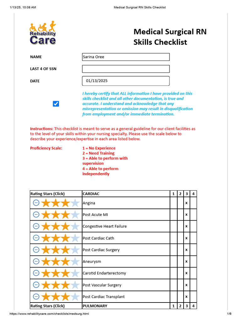 Medical Surgical RN Skills Checklist | PDF | Heart | Kidney