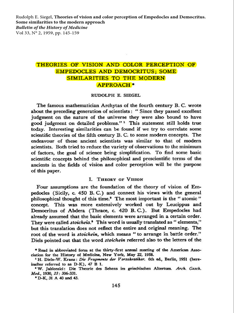 Theories of Vision and Color Perception of Empedocles and Democritus ...