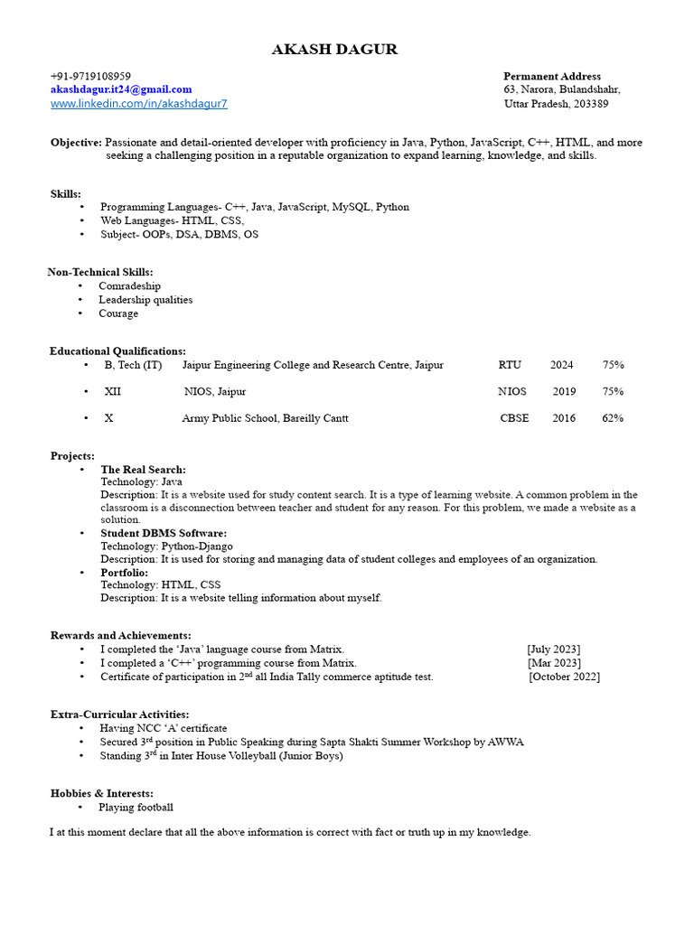 Developer Resume: Java, Python, C++ Skills | PDF | Computing | Software ...