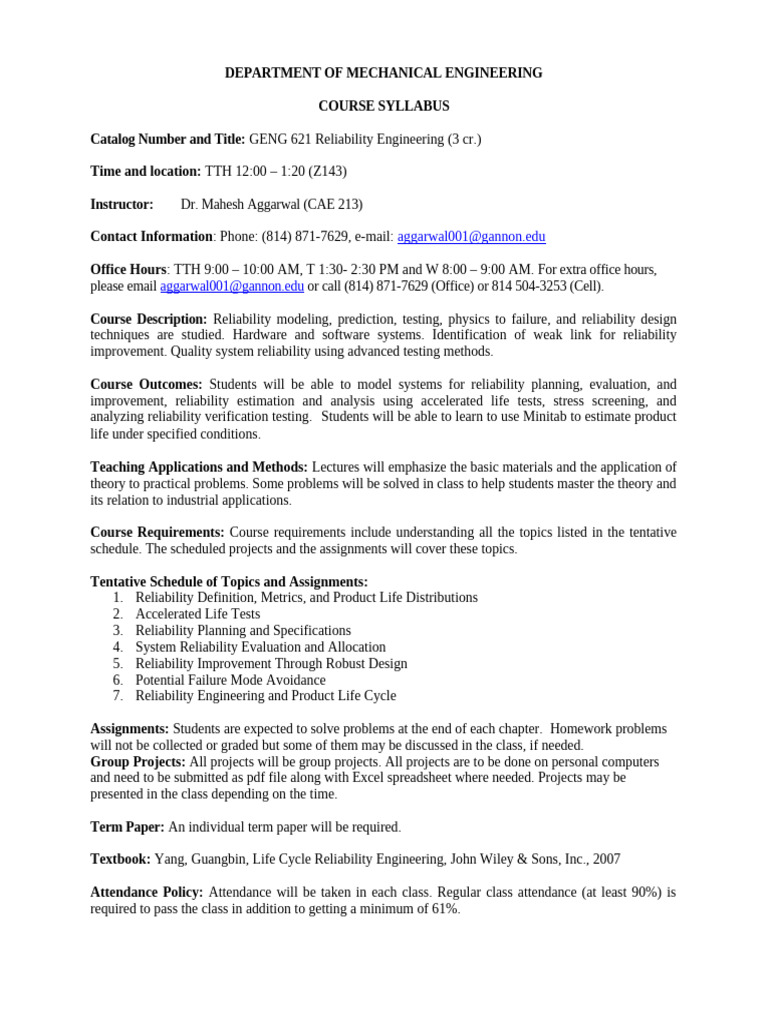 Reliability Engineering Syllabus Sp25 | PDF | Reliability Engineering