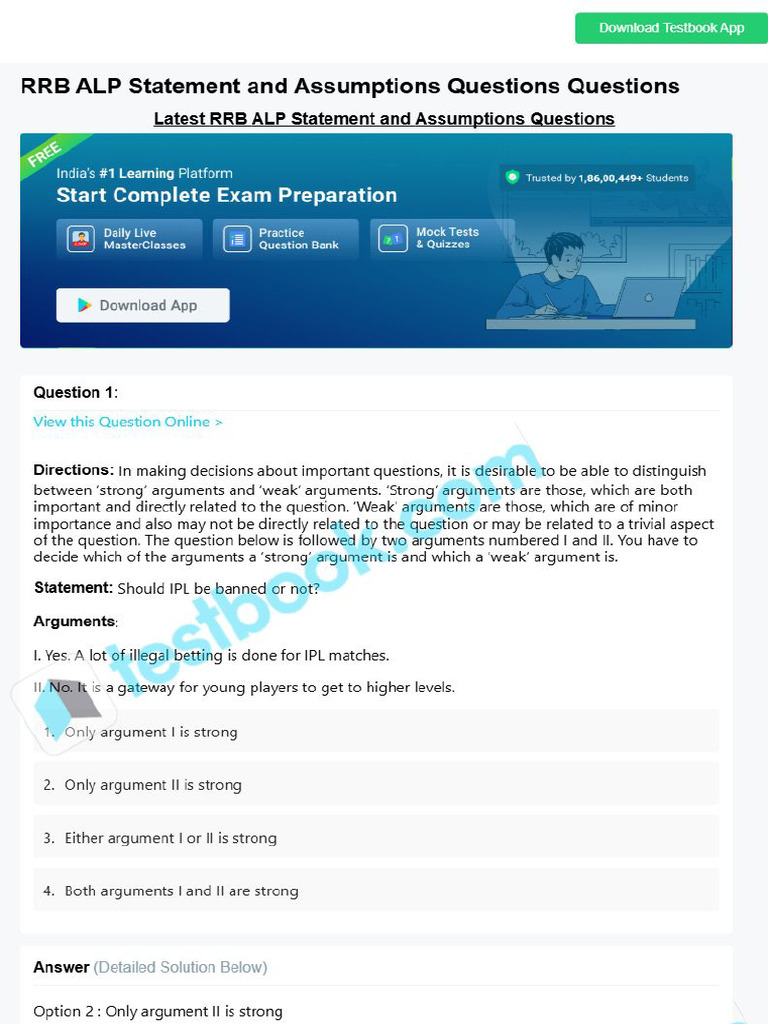 RRB Alp Statement and Assumptions Questions 65b0ed05e80030102c985a18 | PDF