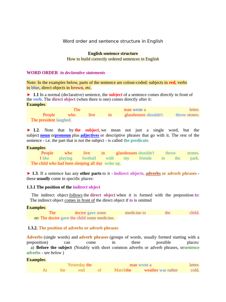 Word Order and Sentence Structure | PDF | Adverb | Subject (Grammar)