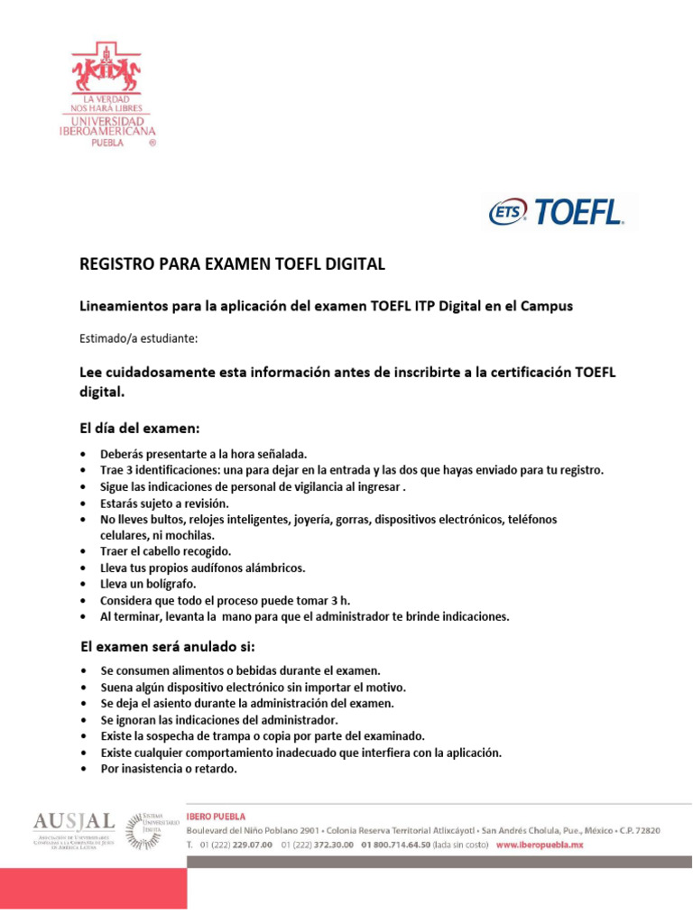 Guía para Registro Examen TOEFL Digital | PDF