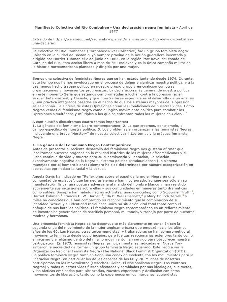 Combahee River Collective (Espanì Ol) | PDF | Feminismo | Estudios de ...