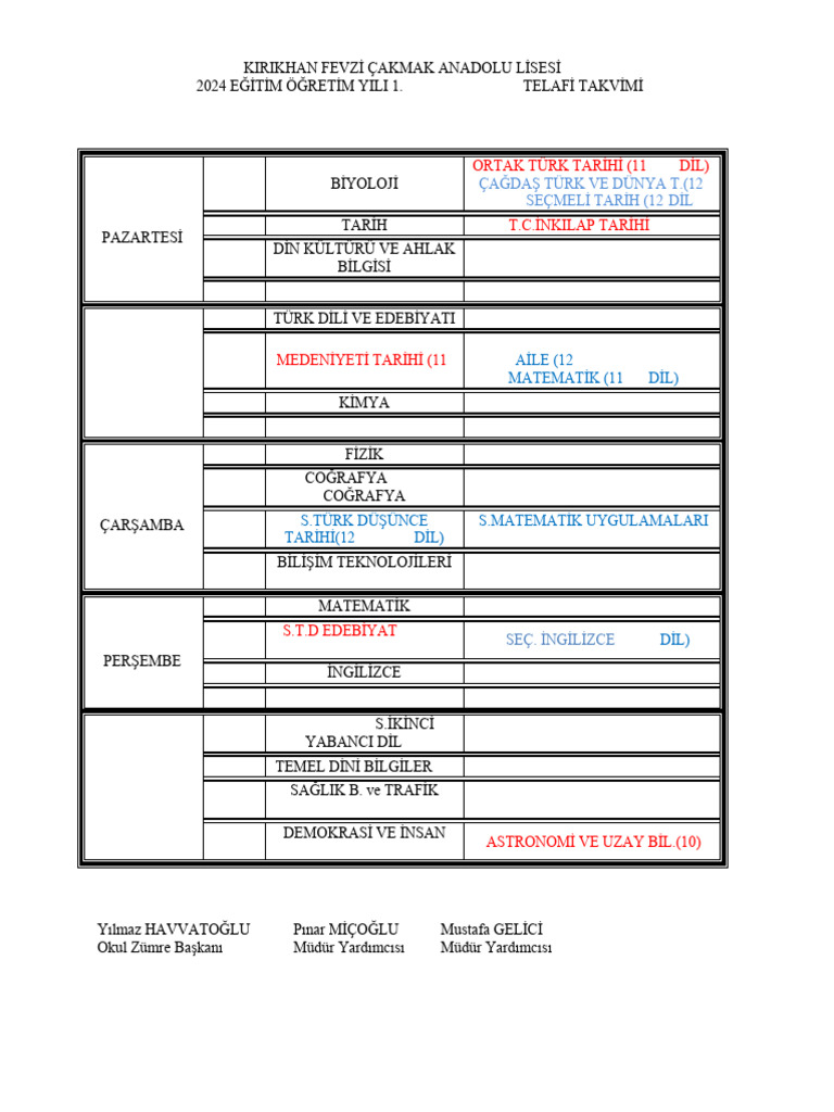 Telafi Takvimi 23-24 1.dönem 2. Sınav | PDF