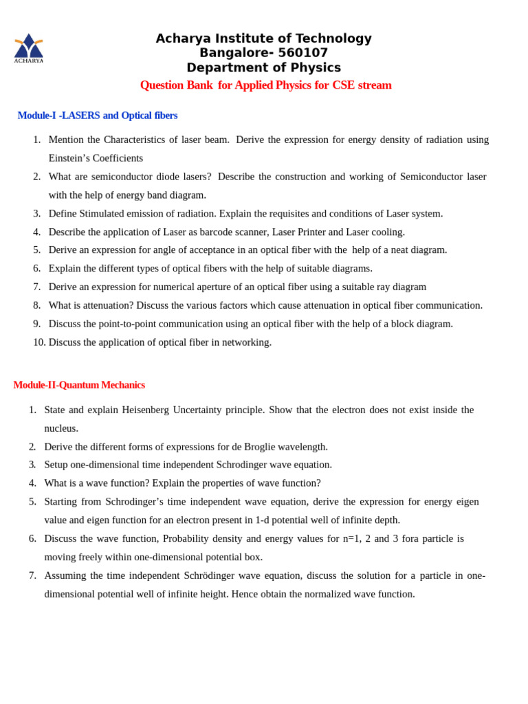 AY 23-24 - Question Bank For CSE Stream | PDF | Laser | Superconductivity