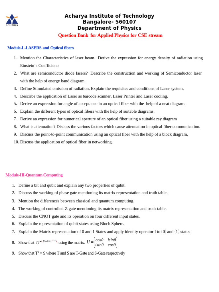 AY 23-24 - Question Bank For CSE Stream - 1 and 3 Module | PDF | Laser | Theoretical Physics