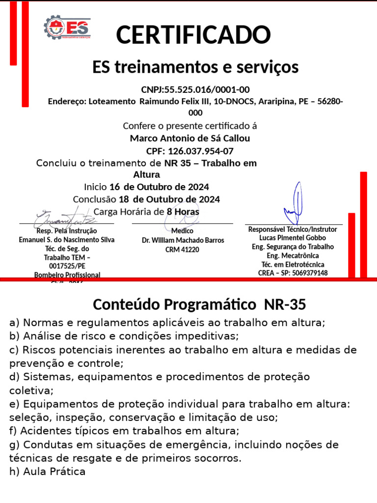 Certificado de Treinamento NR 35 | PDF
