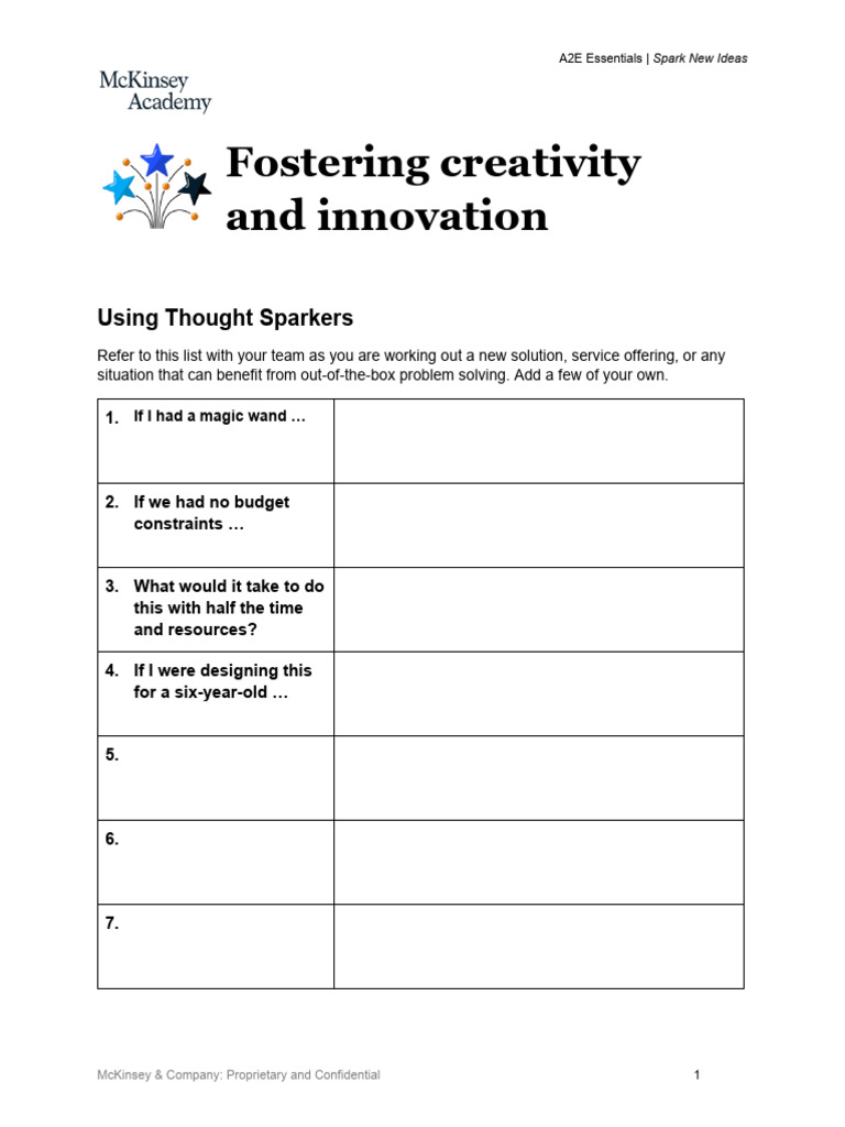 Spark New Ideas Worksheet (A2E Essentials) | PDF