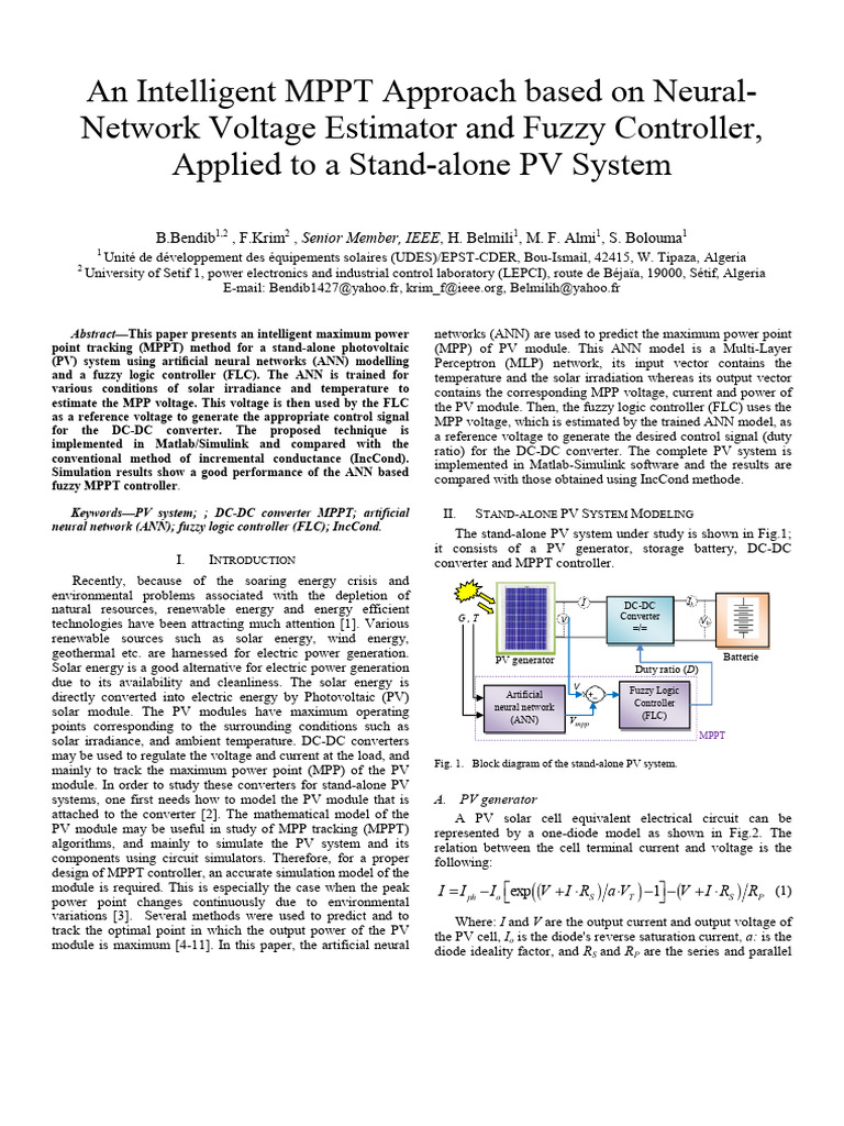 An Intelligent MPPT Approach Based On NeuralNetwork Voltage Estimator and Fuzzy Controller | PDF ...