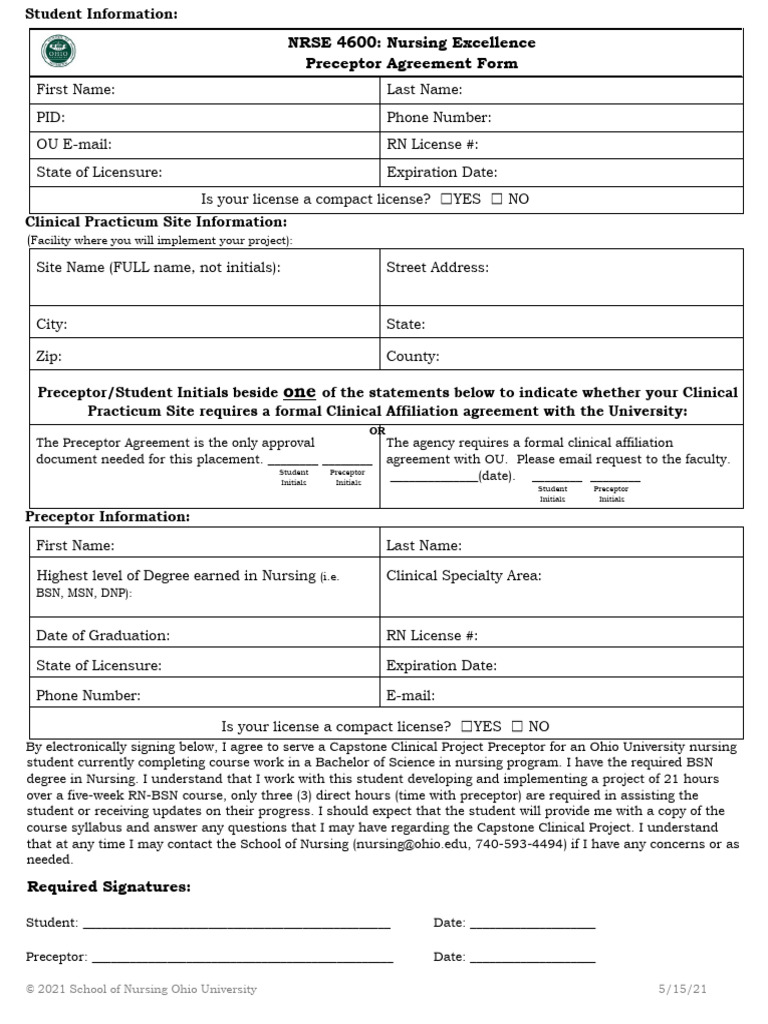 NRSE 4600 Preceptor Agreement Form | PDF | Nursing | Health Care