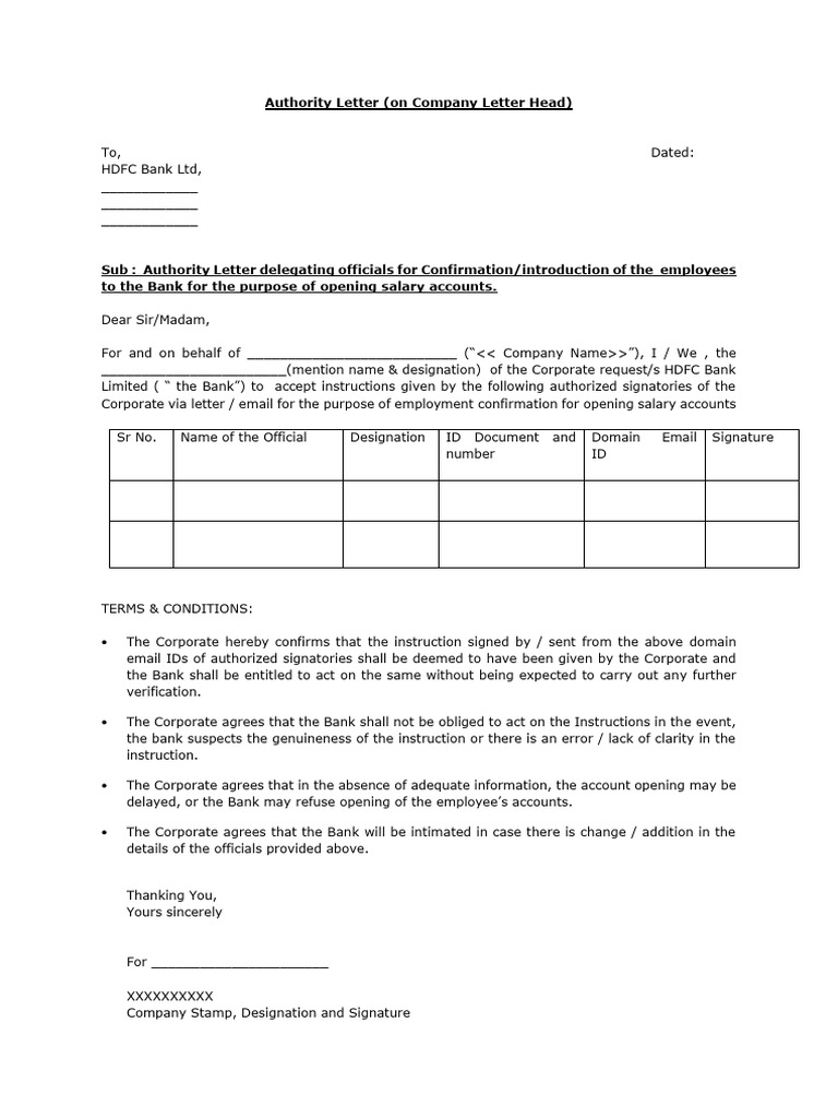 Authority - Letter HDFC Bank | PDF