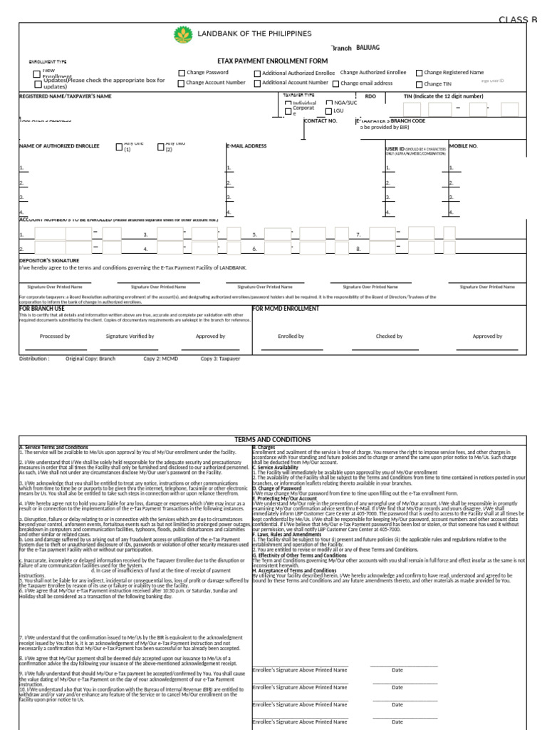 LANDBANK eTax Payment Enrollment Form | PDF