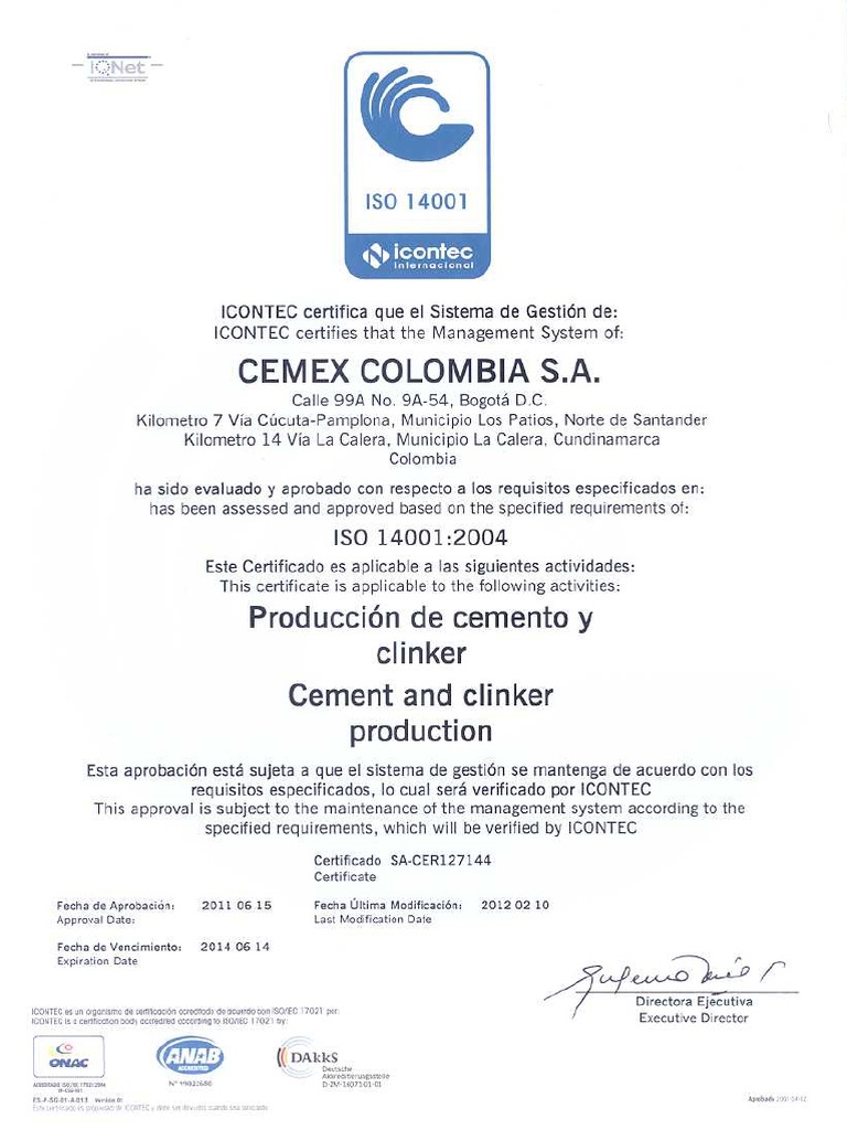 Certificado ISO14001 Espanol CEMEX | PDF