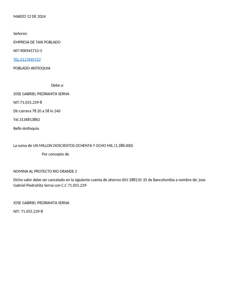 Factura Pendiente a Empresa de Taxi | PDF