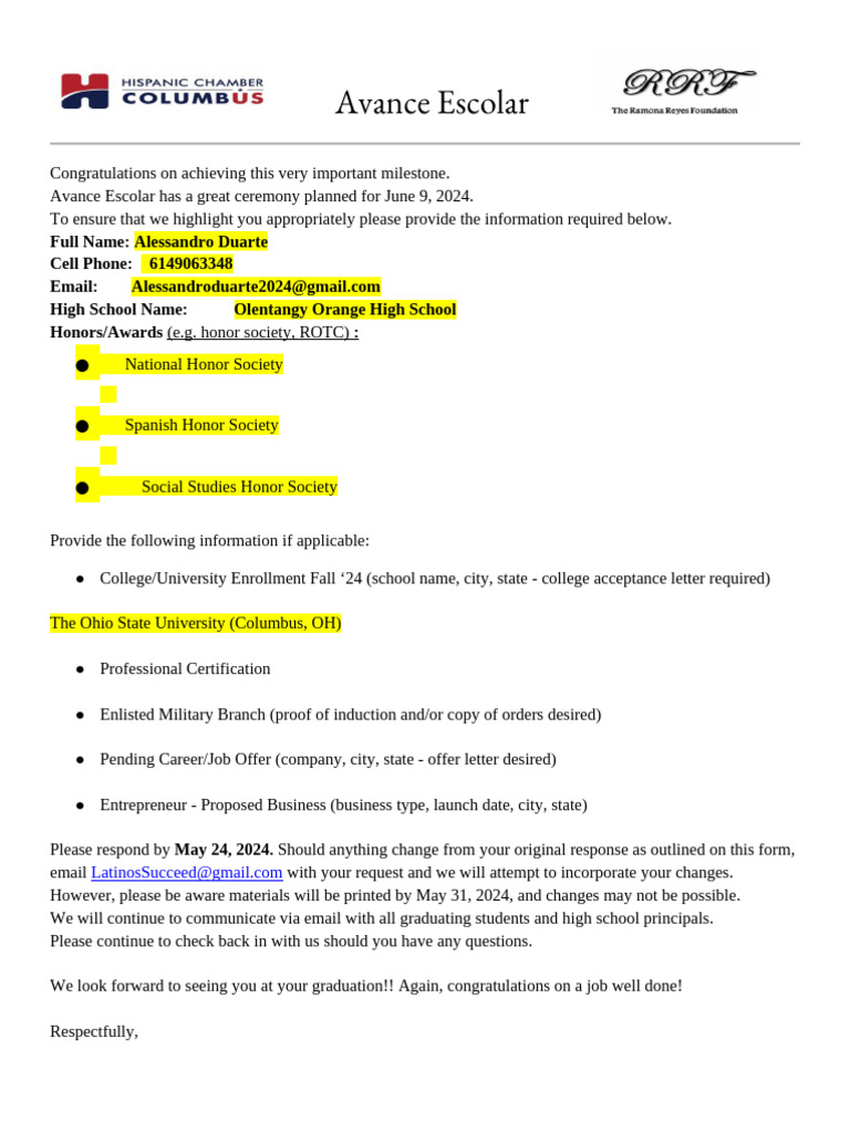 RSVP Student Reply 2024 | PDF