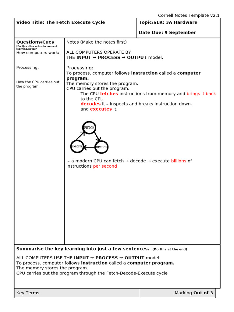 Slr1 Notes The Fetch Decode Execute Cycle Pdf Central Processing Unit Inputoutput