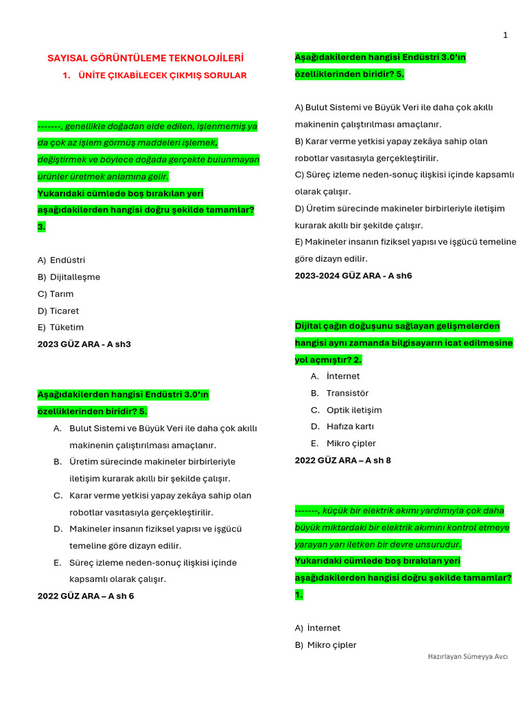 SAYISAL GÖRÜNTÜLEME TEKNOLOJİLERİ 1. ÜNİTE ÇIKMIŞ SORULAR S. AVCI | PDF