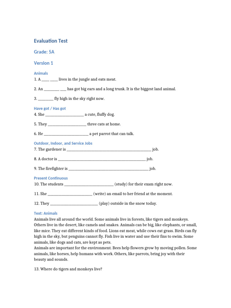 Evaluation Test Grade 5A | PDF